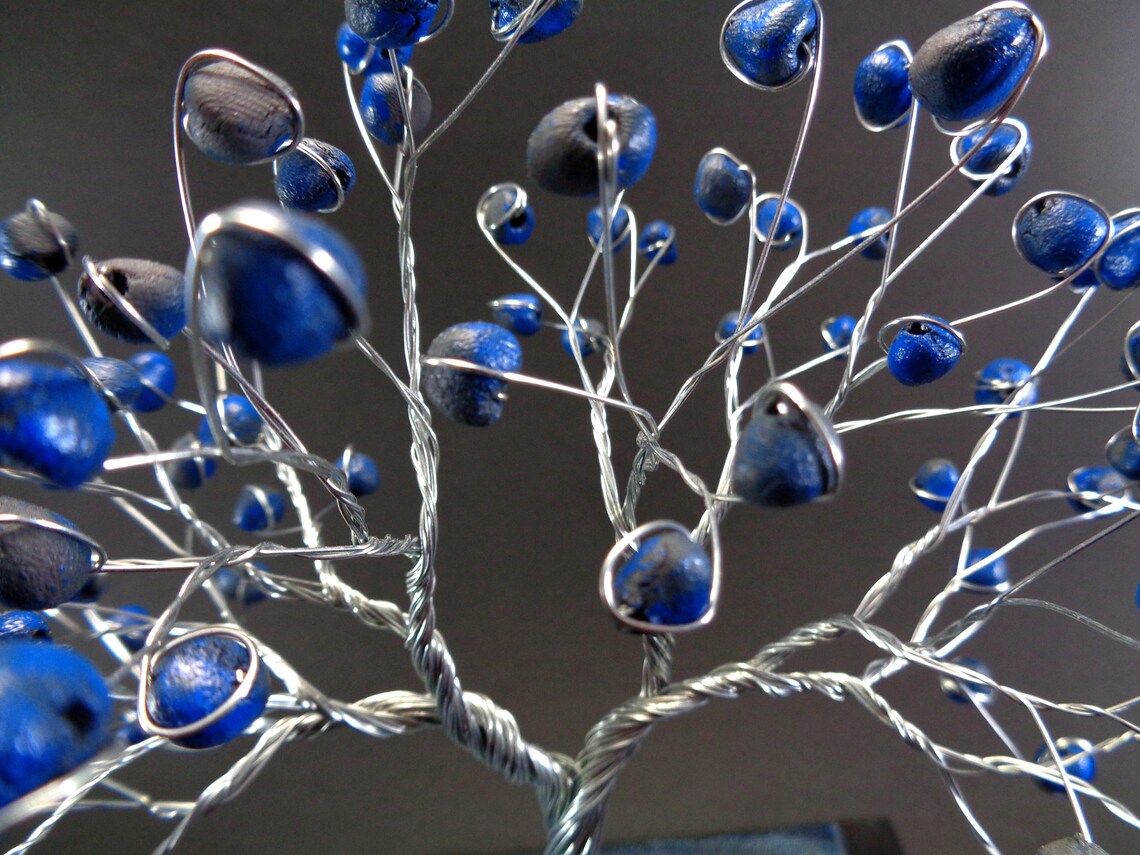 Blue Wire Tree Sculpture on Wooden Base, Bonsai Wire Tree ...
