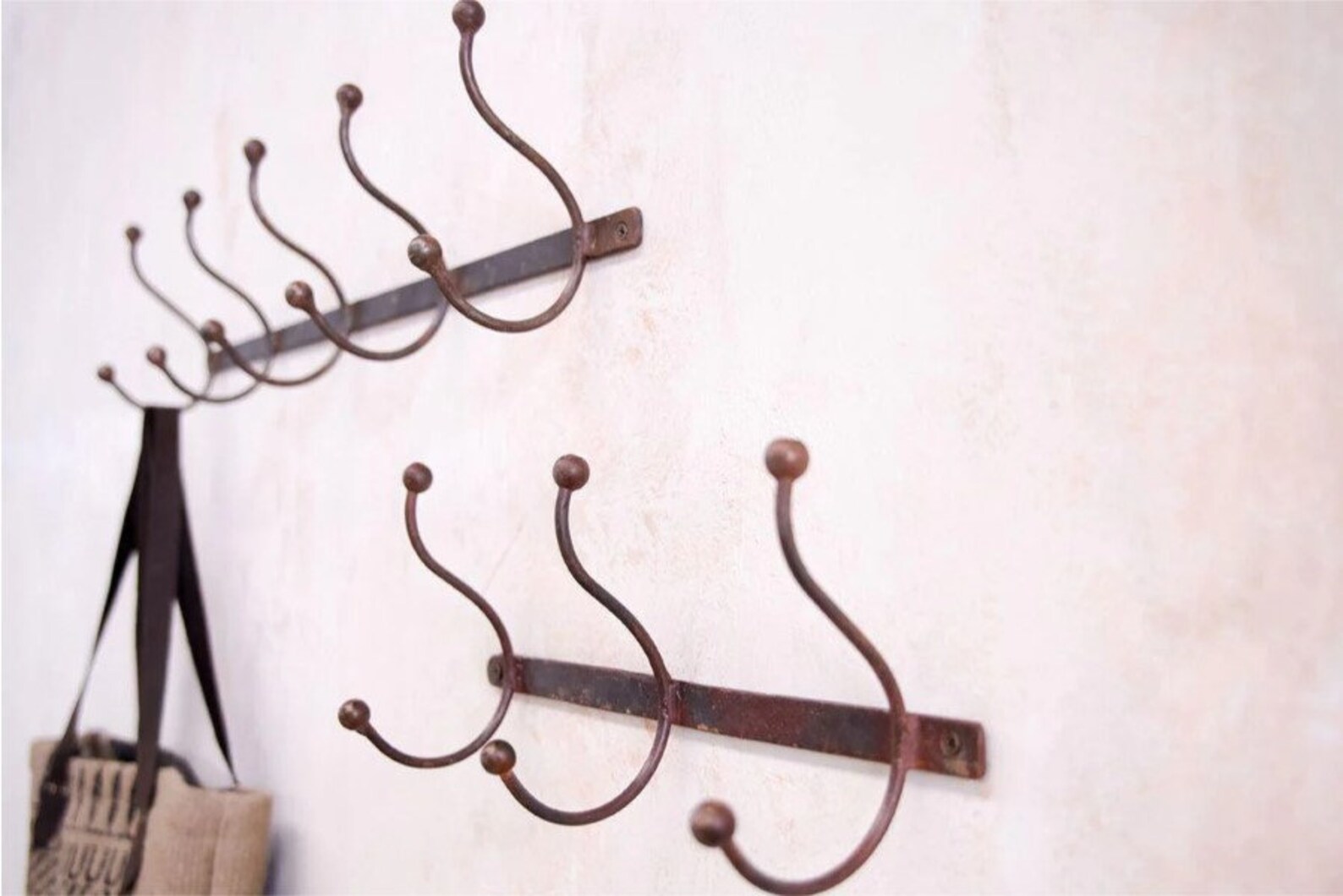 Vintage Hand Forged Wrought Iron Hook Rack Coat Hat Hooks Kitchen Rack ...