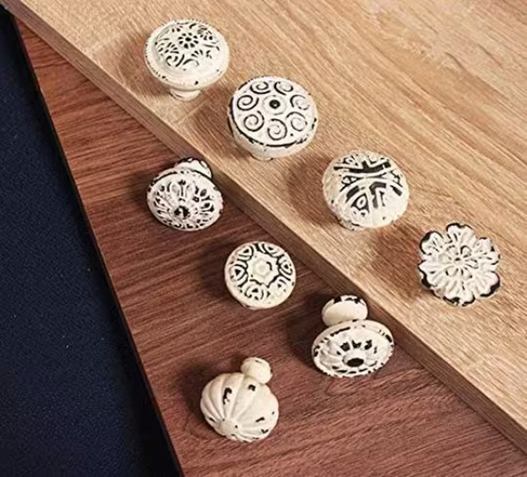 Vintage Cast Iron White Cupboard Knobs Chest Drawer Wardrobe Kitchen ...