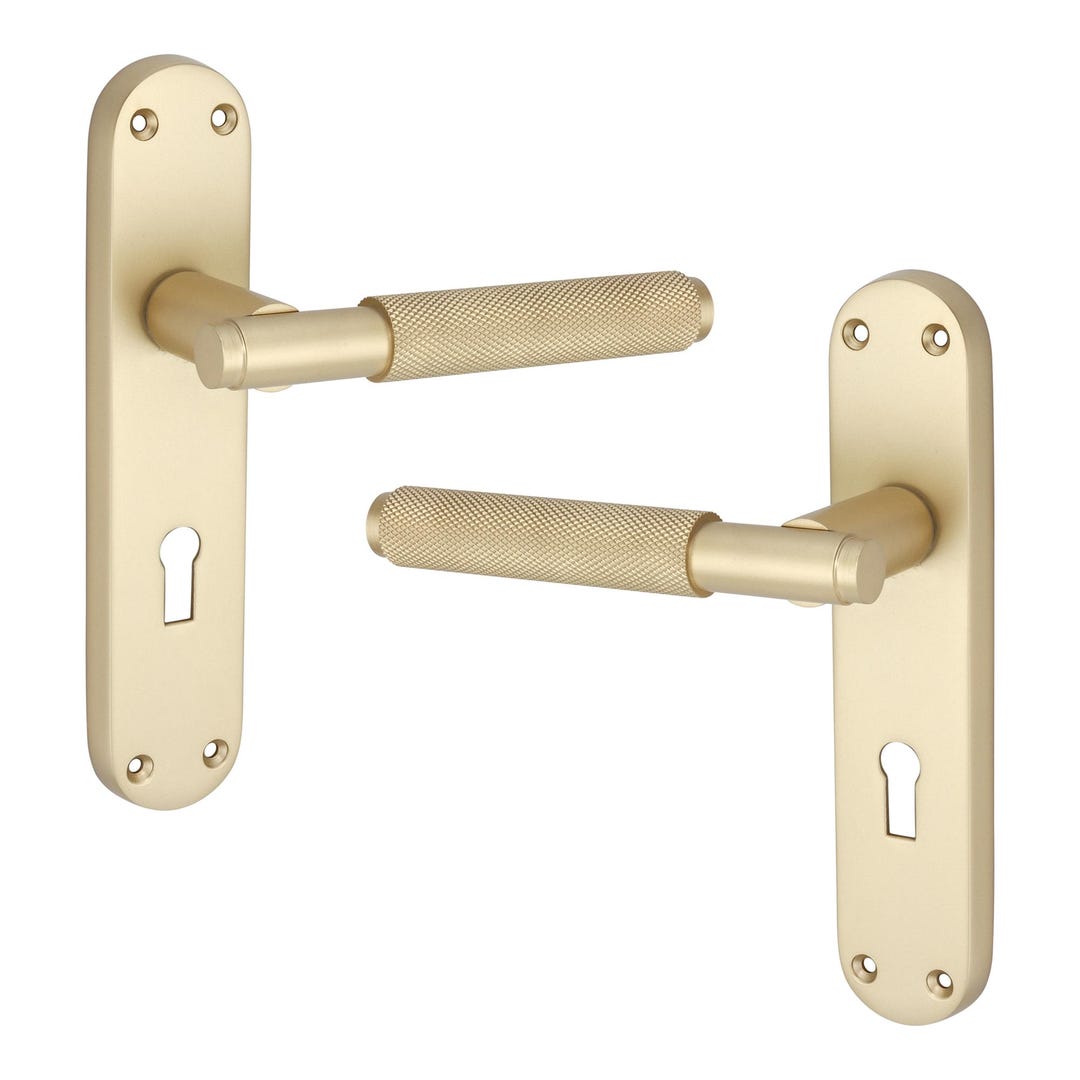 Pair of Knurled Lever Lock Door Handles on Keyhole Backplate Set in ...