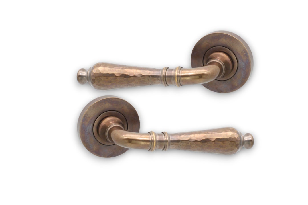 Antique Vintage Style Solid Brass Hammered Lever on Rose Door Handles ...