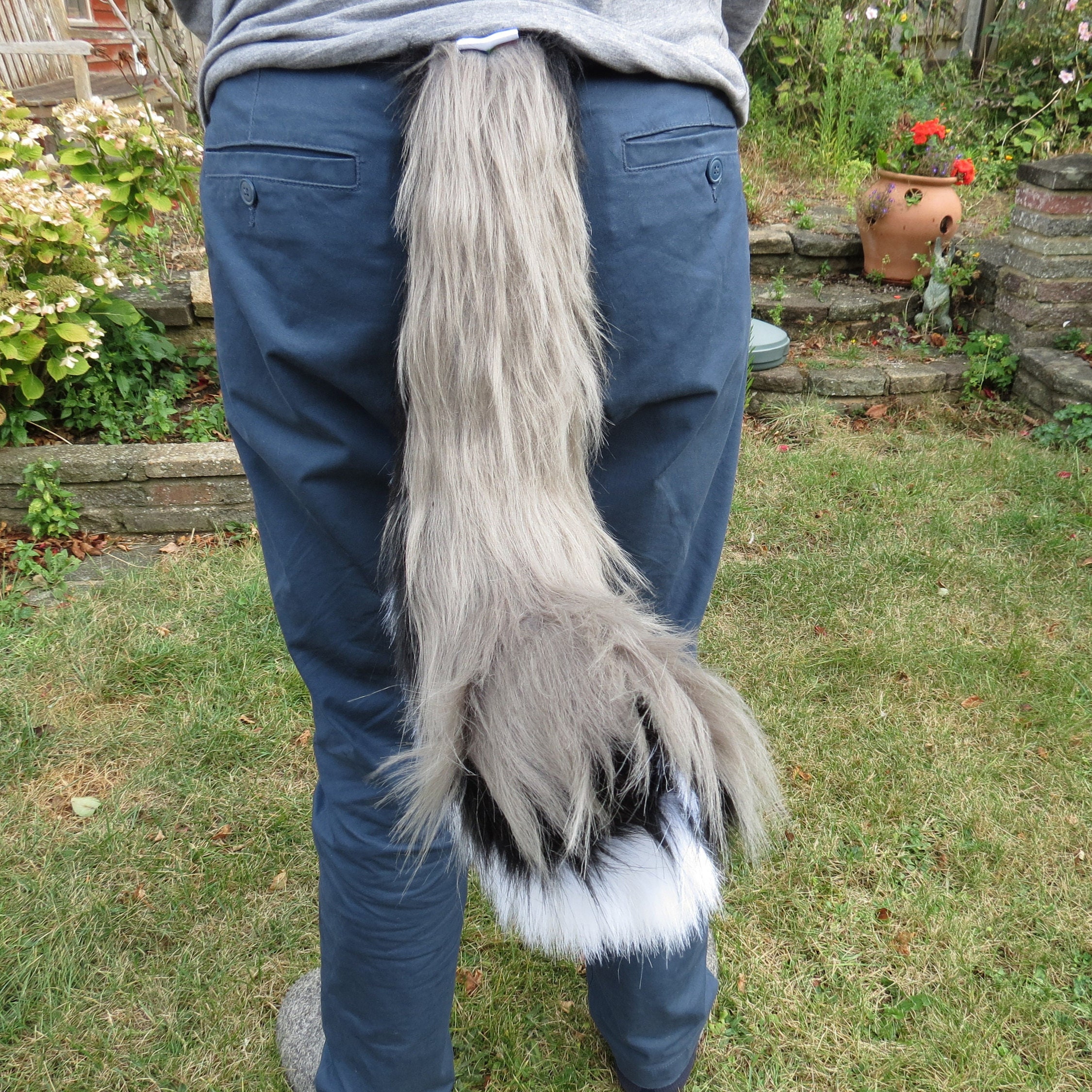 White / Black / Grey or Red Tri-colour Medium Sized Furry Fursuit Tail ...