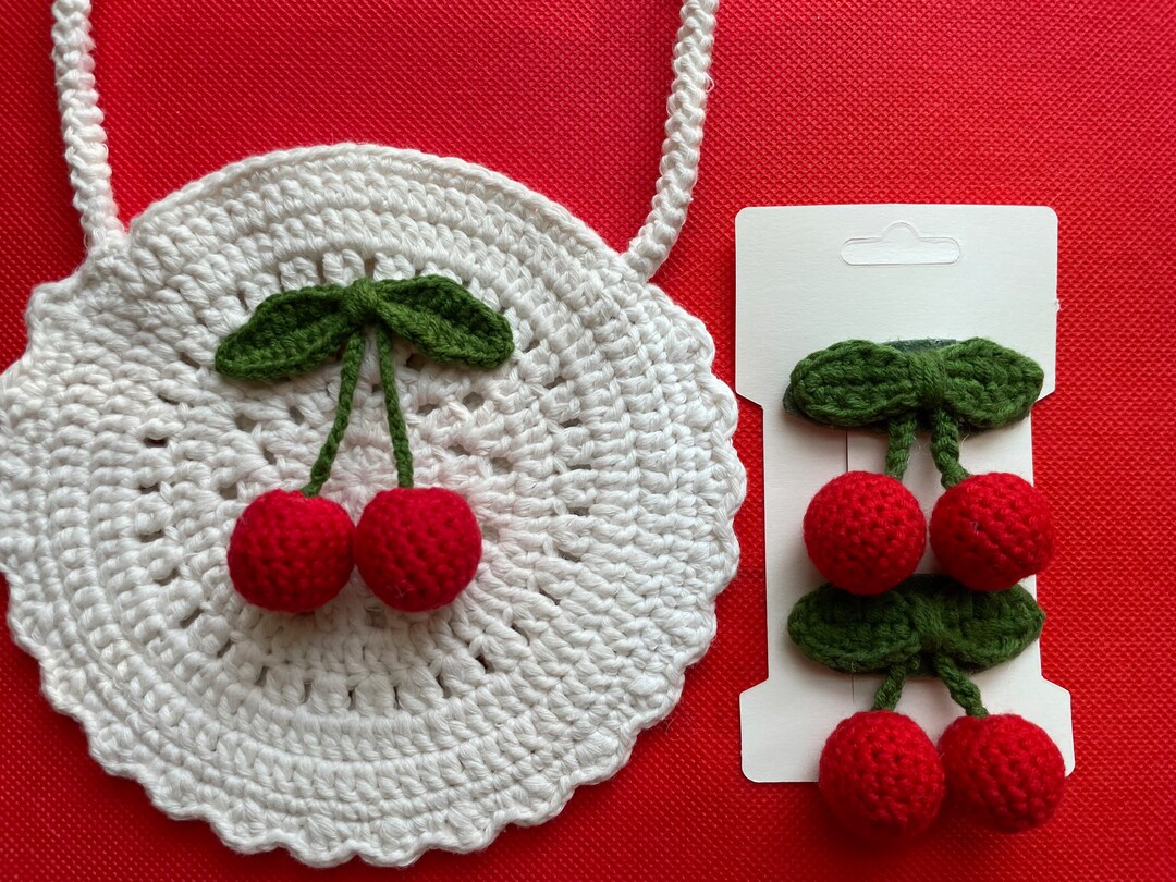 Crochet Vibrant Red Cherry Bag Bundle With 2 Red Cherry Snap Hair Clips ...