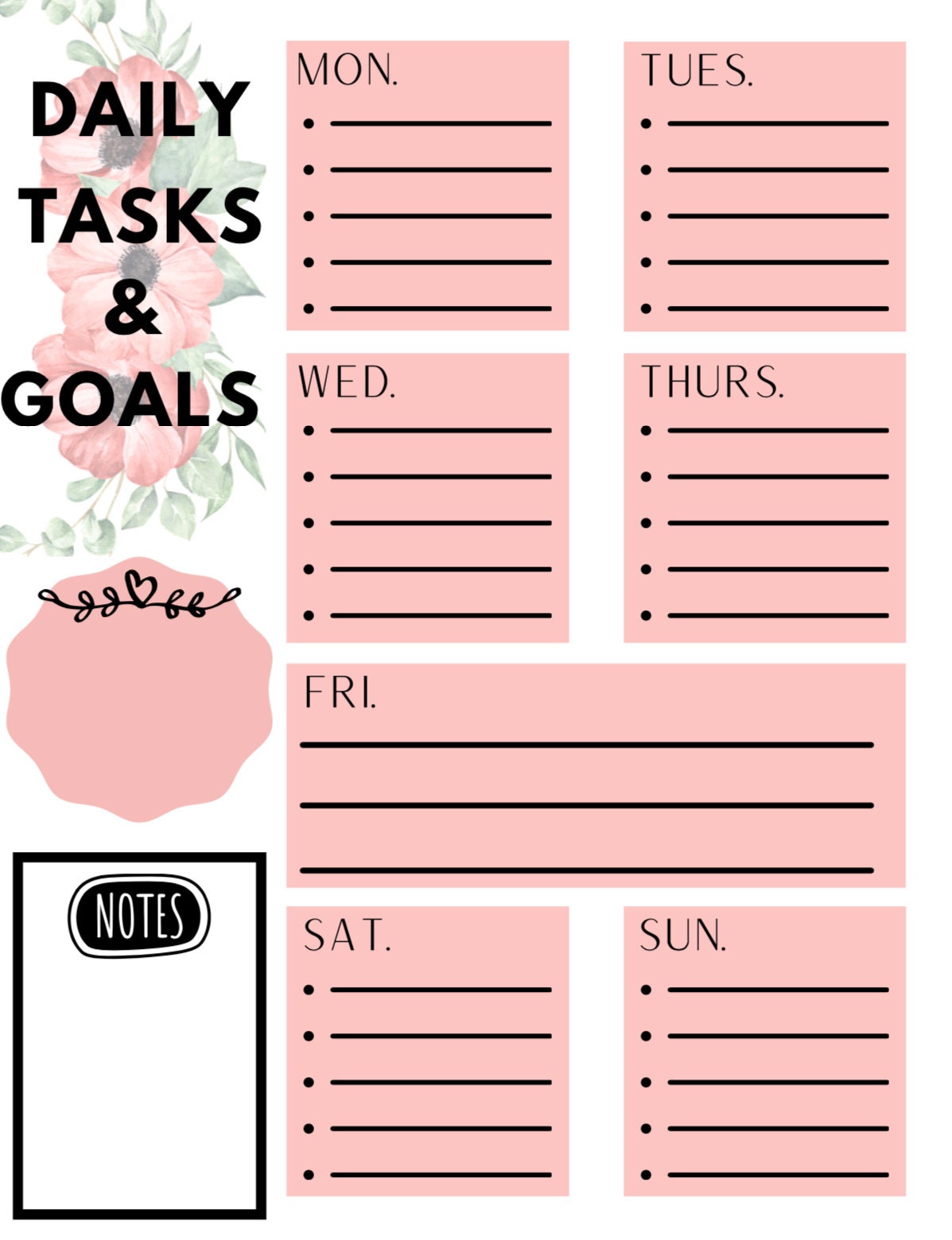 Daily Planner Template File PDF Pink w/ White Font Tasks Organization ...
