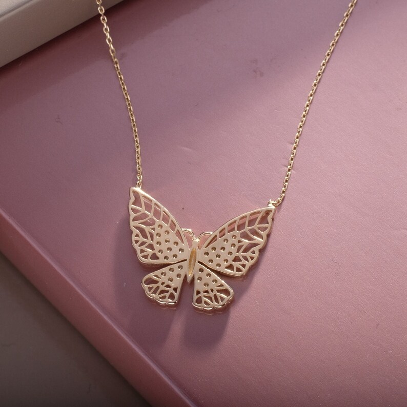 14k Gold Butterfly Necklace | Filigree Animal Jewelry - Etsy UK