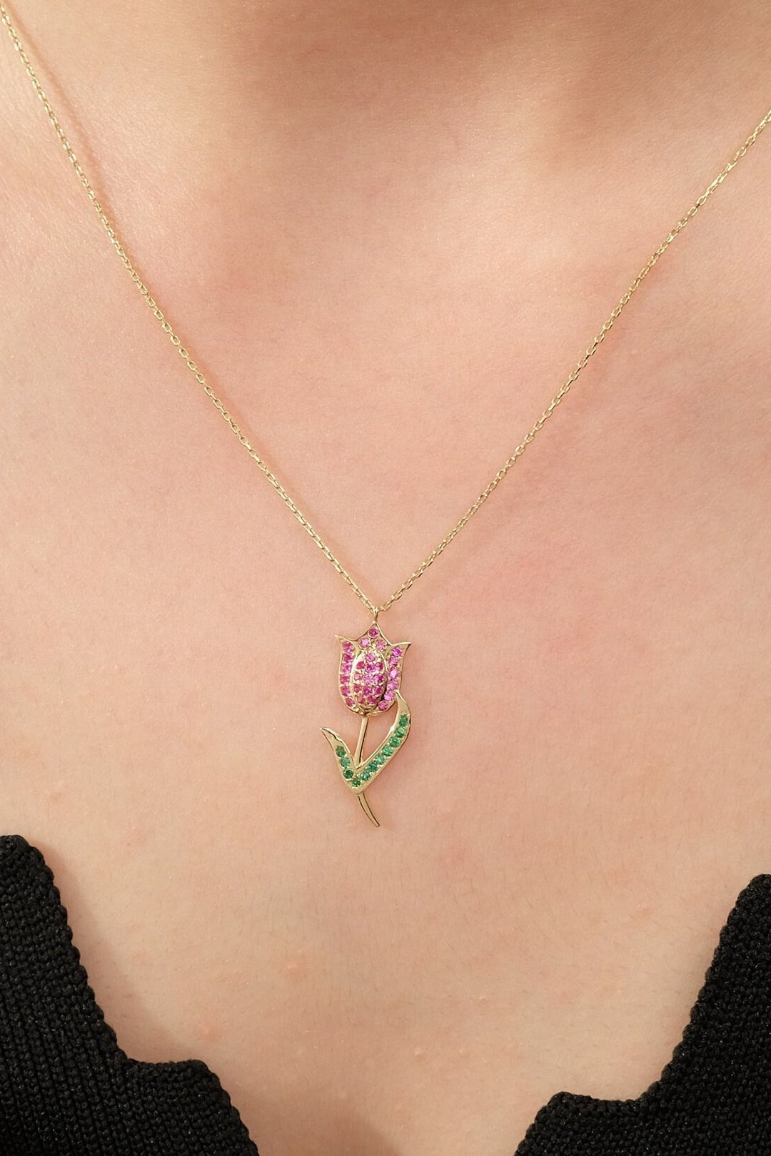 Tulip Necklace, 14K Gold, Floral Jewelry, Love Symbol, Anniversary Gift ...