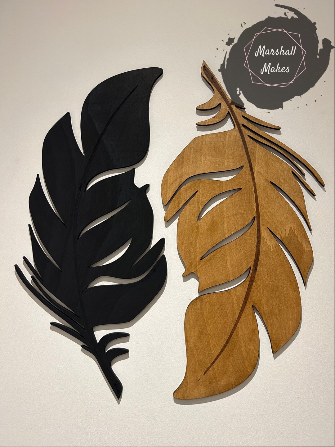 Birch Wood Feather Wall Art, Oak and Black, Set of 2 - Etsy
