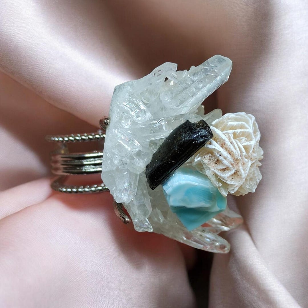 Raw Quartz Selenite Rose Multi-stone Ring – Large Cocktail Bold ...