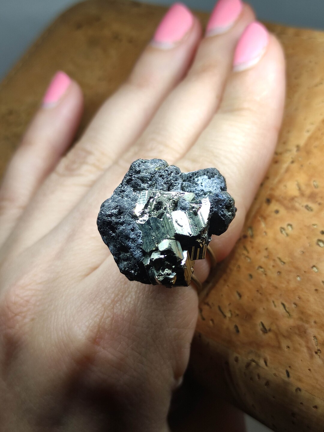 Iron Pyrite on Hematite,large Crystal Ring,raw Pyrite Ring,large Stone ...