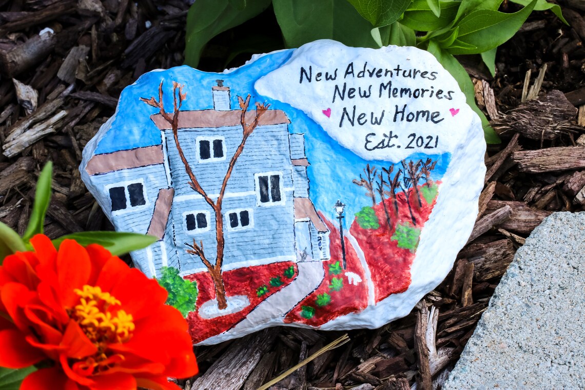 Home Sweet Stone - Hand Painted Housewarming Garden Rock With Image of ...