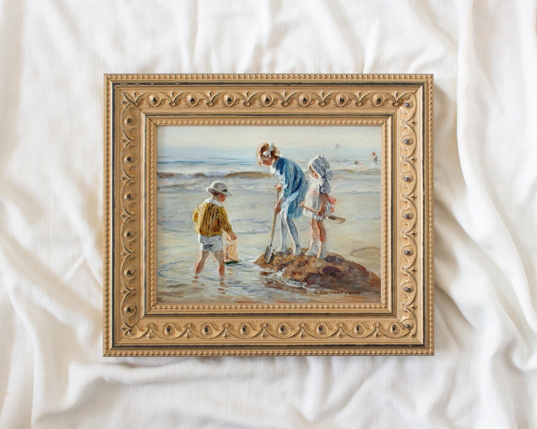 Vintage Coastal Wall Art, Framed Beach Scene With Children, Cottagecore ...