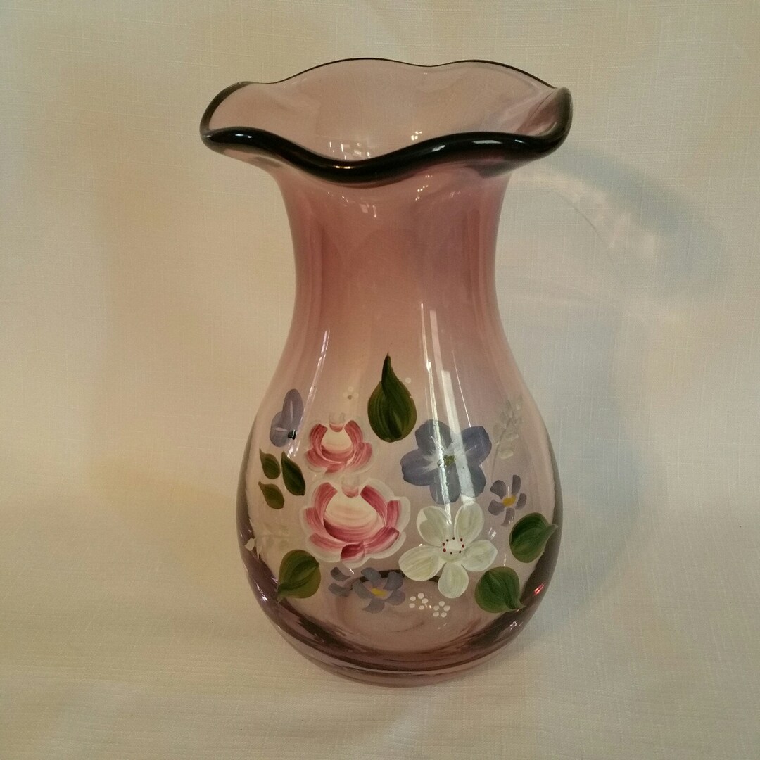 Ruffled Amethyst Purple Glass Vase W/hand Painted Flowers - Etsy