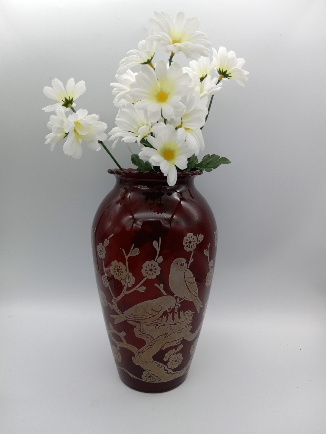 Royal Ruby Red Glass Vase W/stenciled Birds and Floral Design, 1950s - Etsy