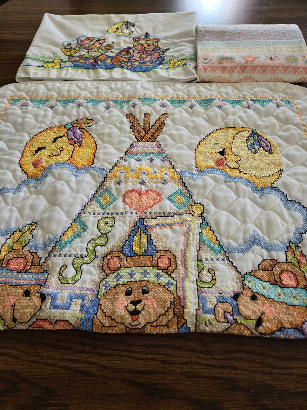 Completed Cross Stitch Crib Quilt W/teepee, Canoe & Bears. - Etsy