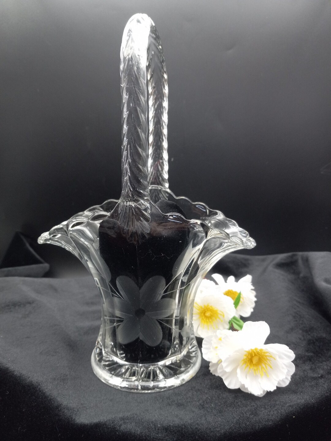 Clear Glass Etched Basket W/leaves and Flower Design - Etsy