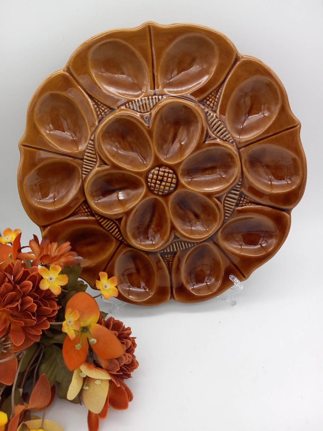 MCM Brown Ceramic Deviled Egg Platter 1960's - Etsy