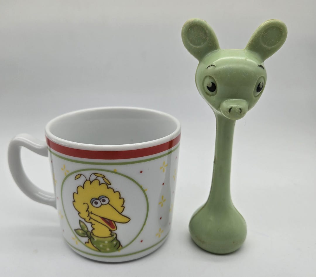 Sesame Street Cup by Newcor, 1980's and Plakie Toys Rattle. 1950's - Etsy