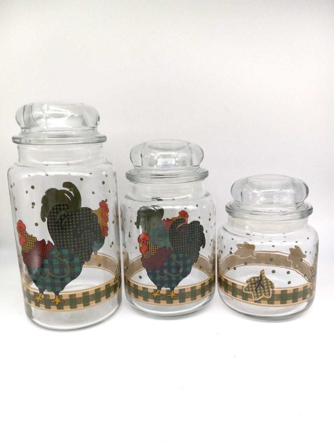 Glass Cannisters, Set of 3. Two Rooster and One Leaf. - Etsy