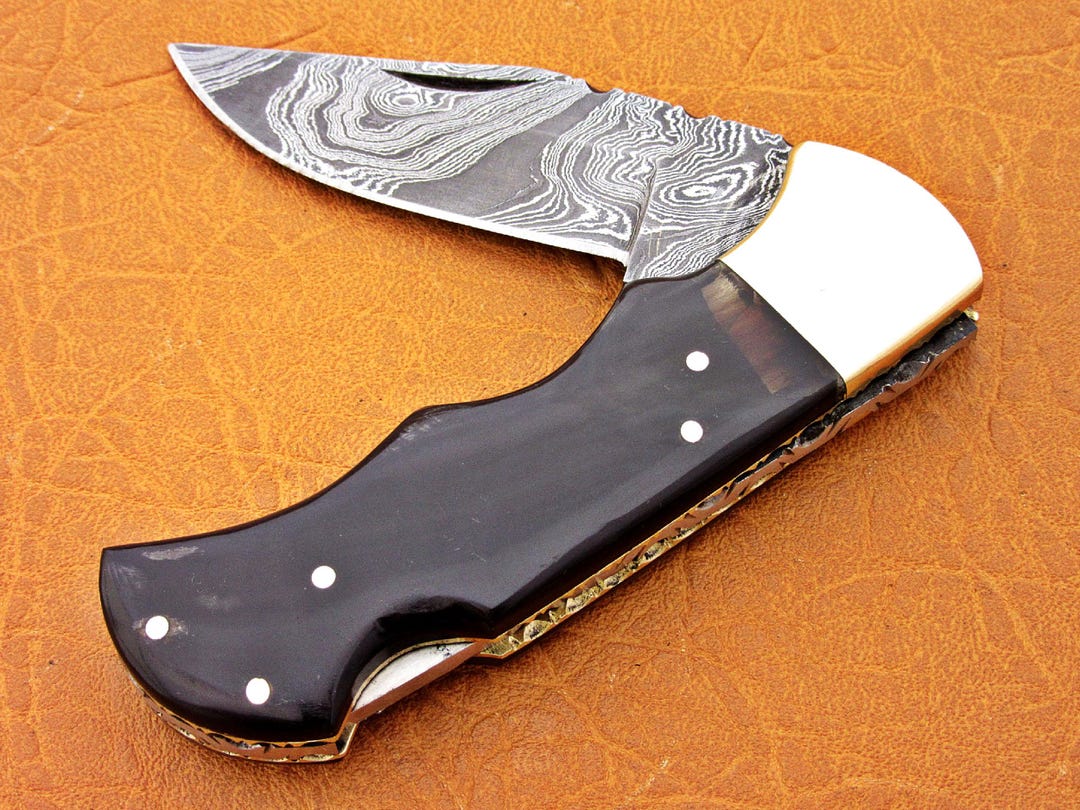 Damascus Folding Knife, 6", Brass Bolster Point Blade, Buffalo Horn Handle, Pocket Knife, Razor ...