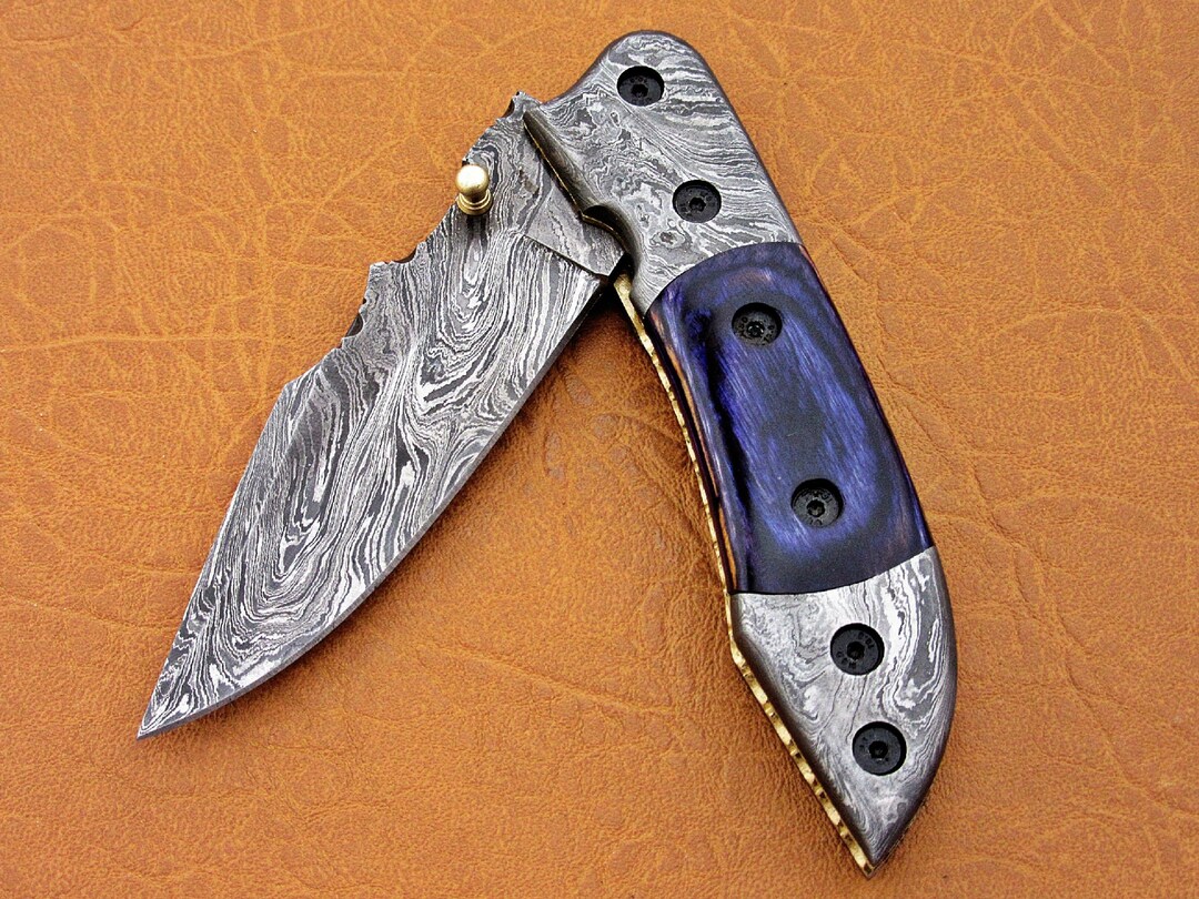 Damascus Folding Knife: 7.5" Razor Sharp Pocket Knife, Purple Micarta ...