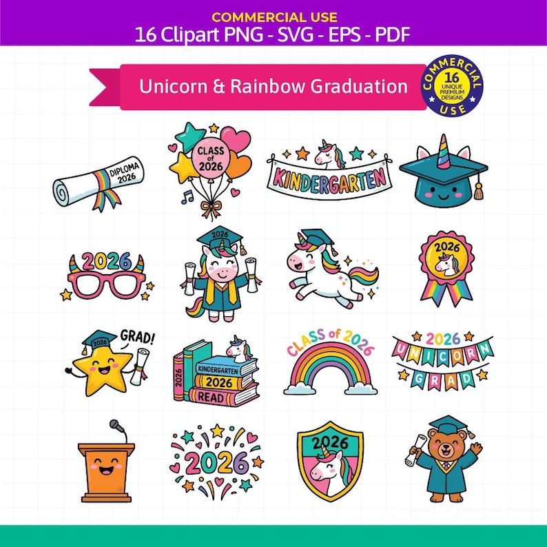 Unicorn Preschool Graduation Clipart, Kindergarten Rainbow Bundle (SVG ...