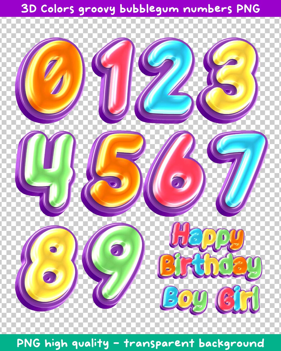 Candy Bubblegum Number Colors Png Bundle: 3D Groovy Bubble Birthday ...