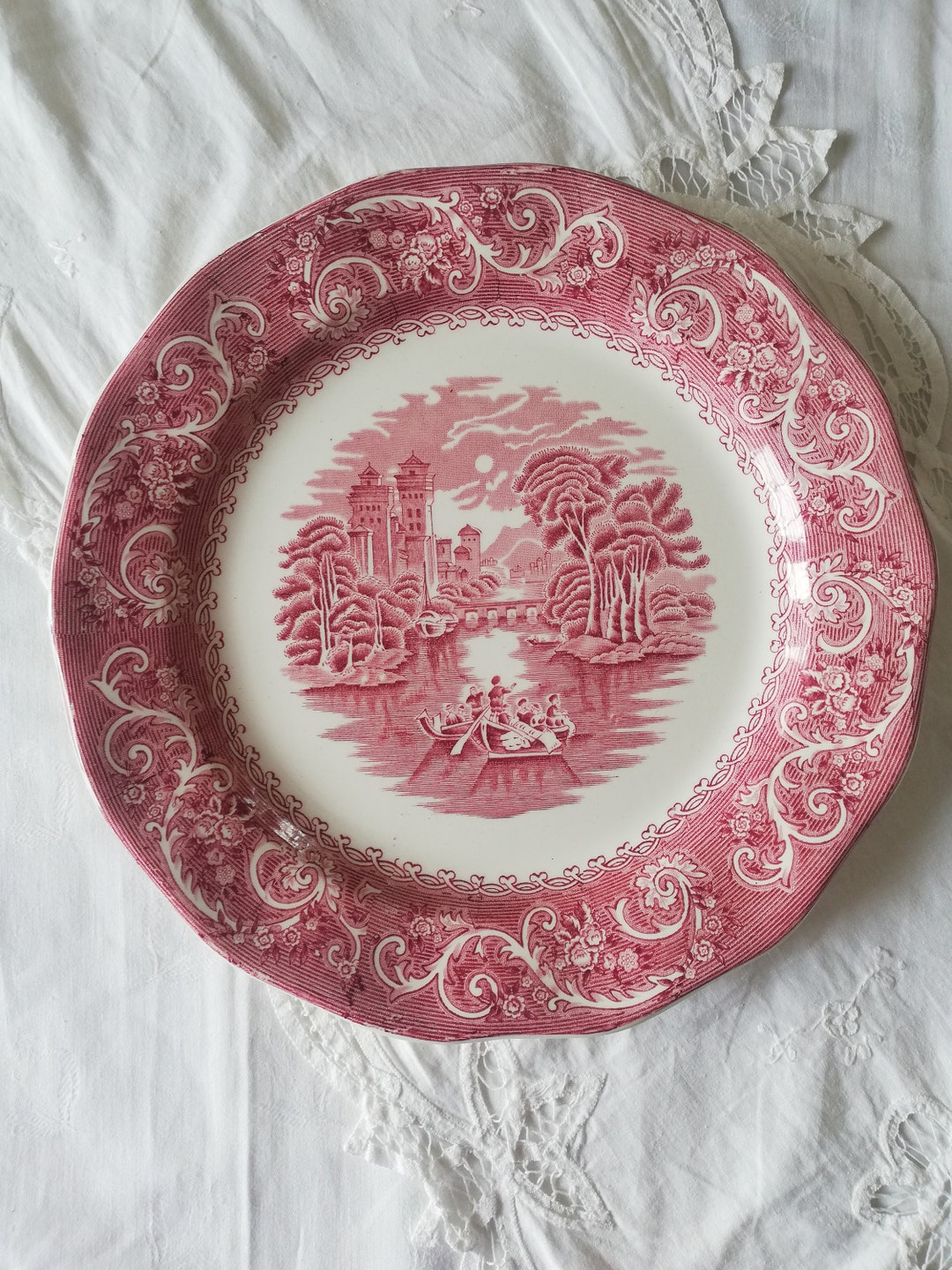 Ironstone Dish Staffordshire River Scene Canterbury Pink Transferware ...