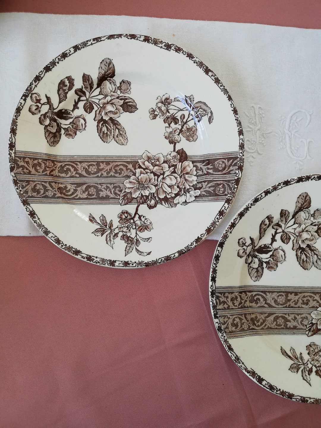 2 Ironstone Plates Émile Bourgeois Brown Transferware / 2 Ironstone ...