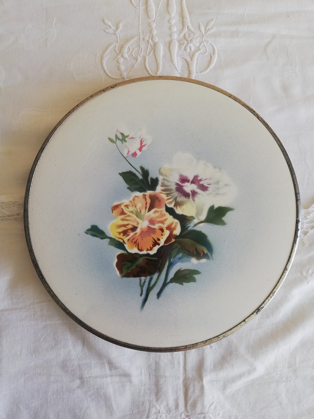 Old Earthenware and Metal Trivet Decorated With Pansy / Theodor Paetsch ...