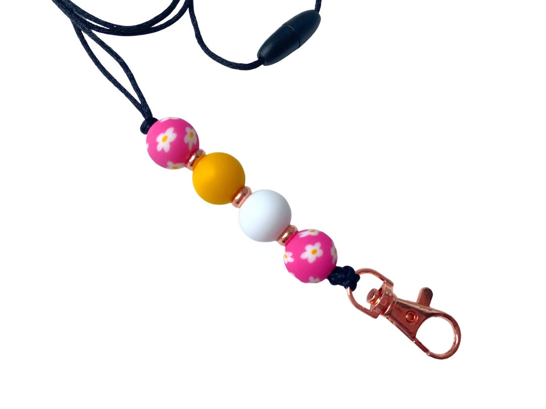 Lanyard Pink Floral Print Lanyard, Silicone Bead Lanyard, Beaded Nurse ...
