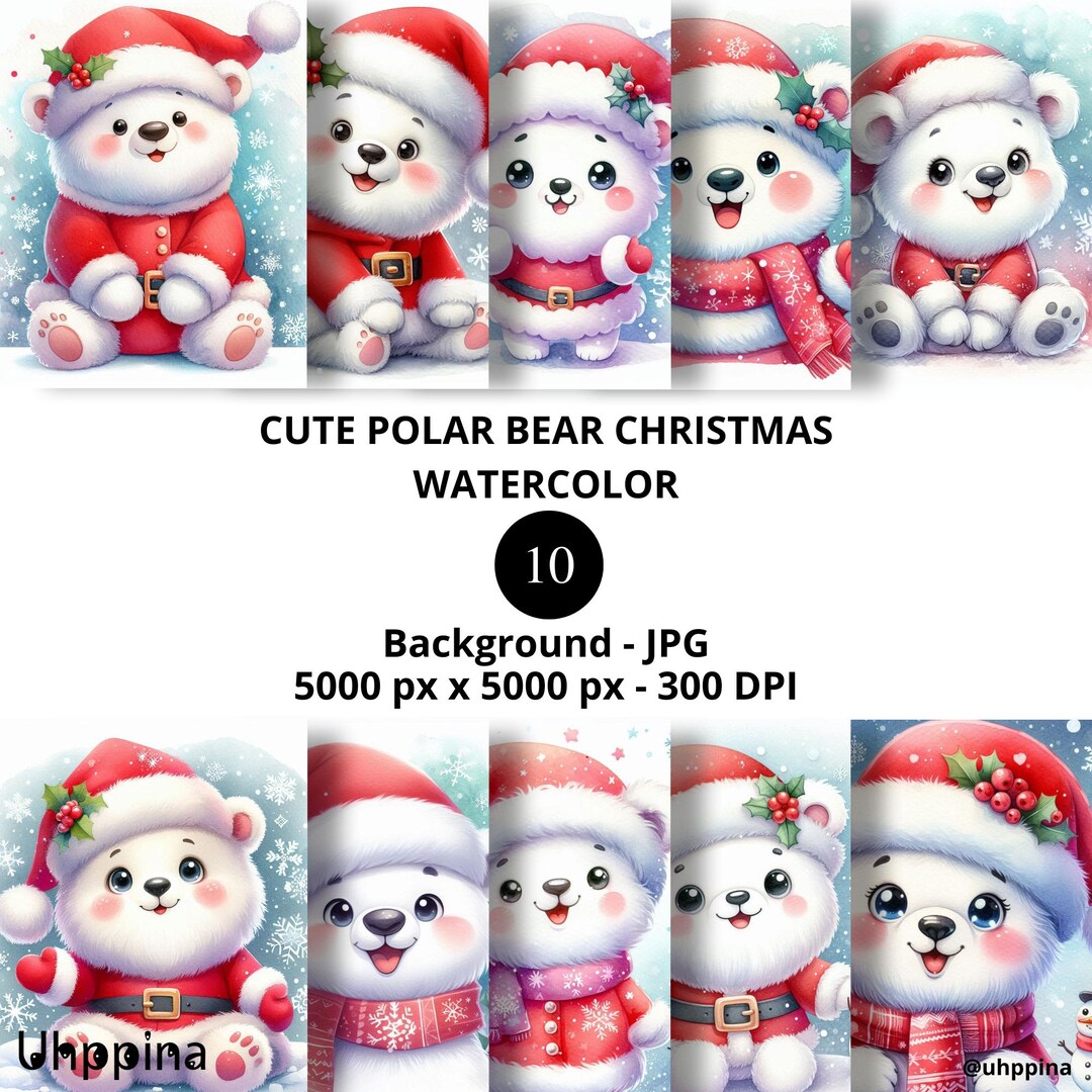 Clipart Polar Bear Christmas Watercolor: Digital Paper (JPG Download ...