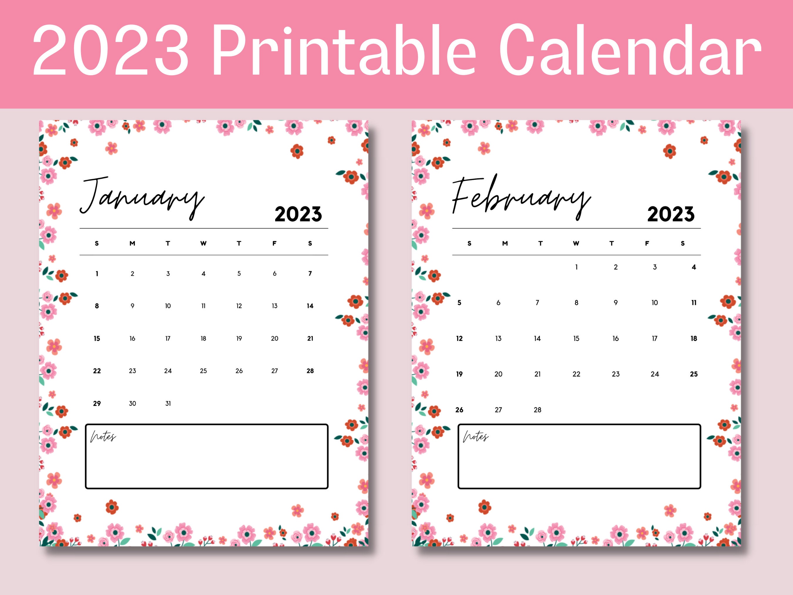 2023 Printable Monthly Calendar, Pink and Red Flowers, 8.5 X 11 Desk ...