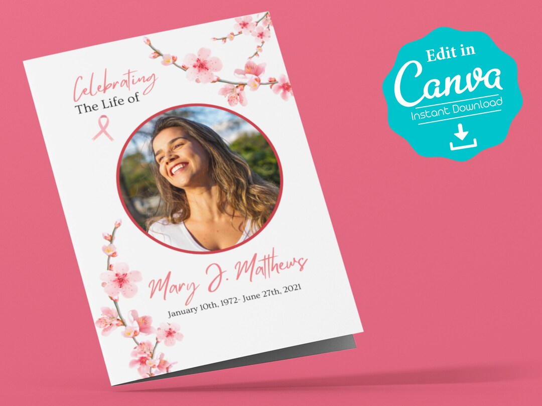 Breast Cancer Funeral Program Template | Pink| Obituary Template| Pink ...