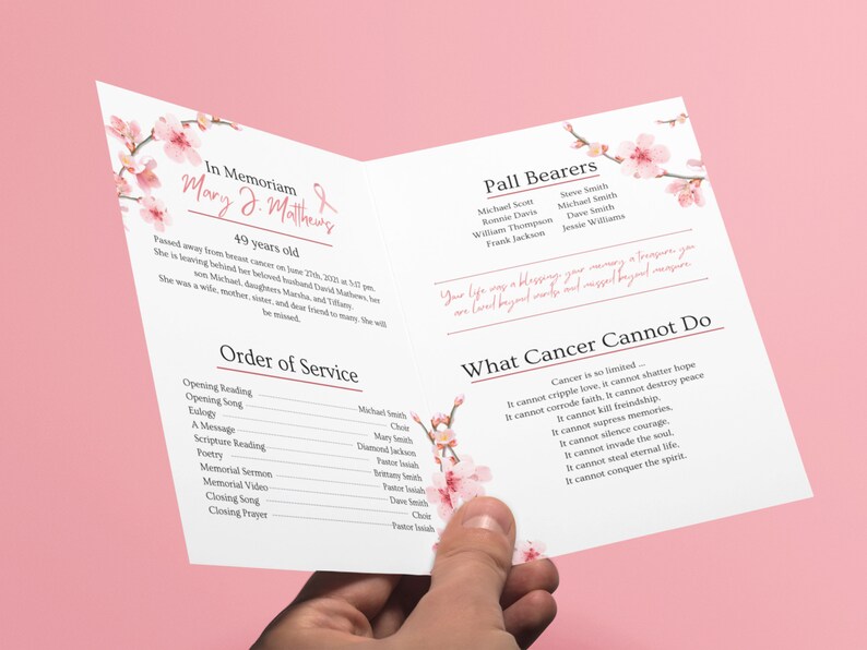 Breast Cancer Funeral Program Template | Pink| Obituary Template| Pink ...