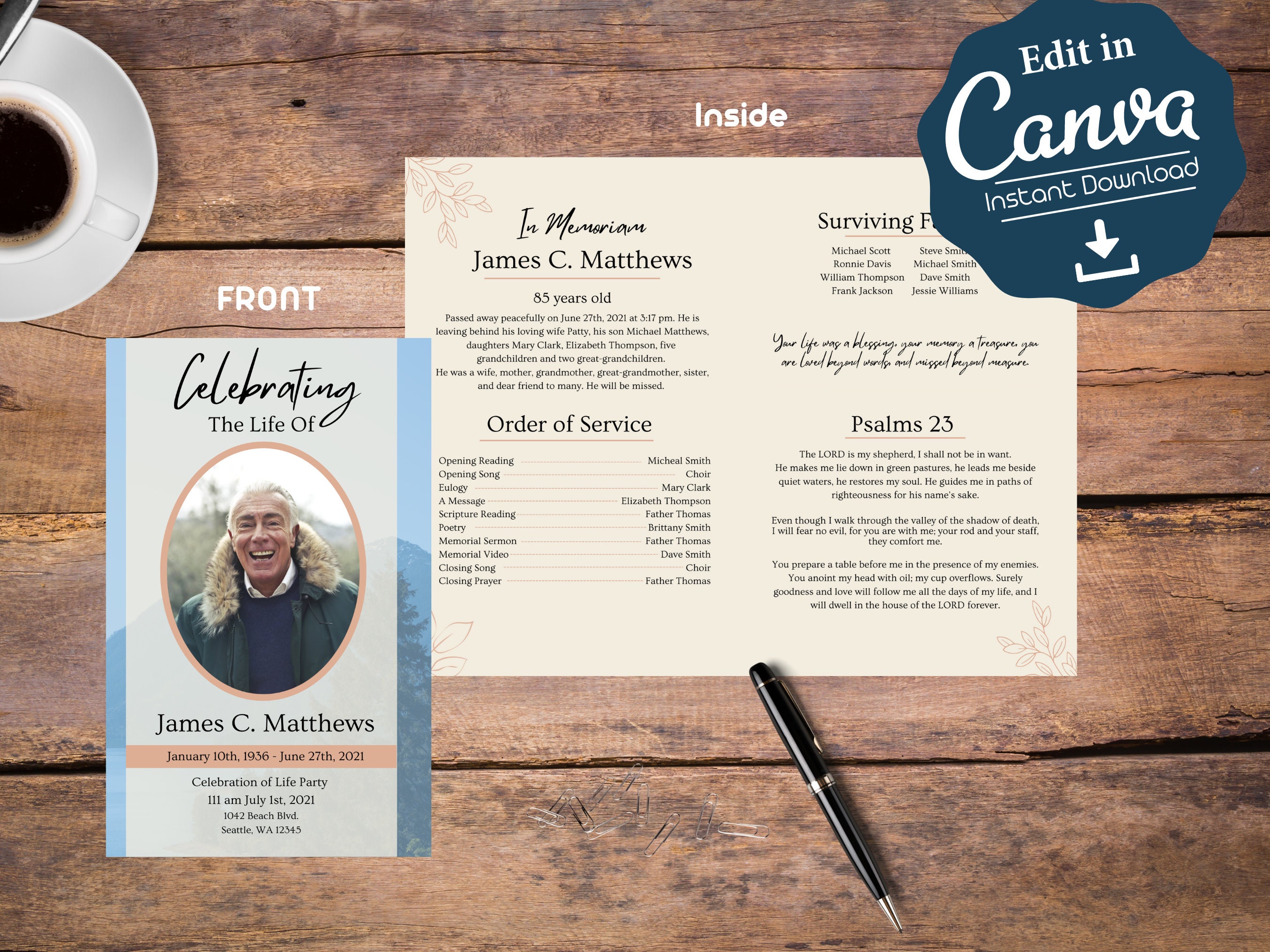 Men Funeral Program Template, Obituary Template, Celebration of Life ...