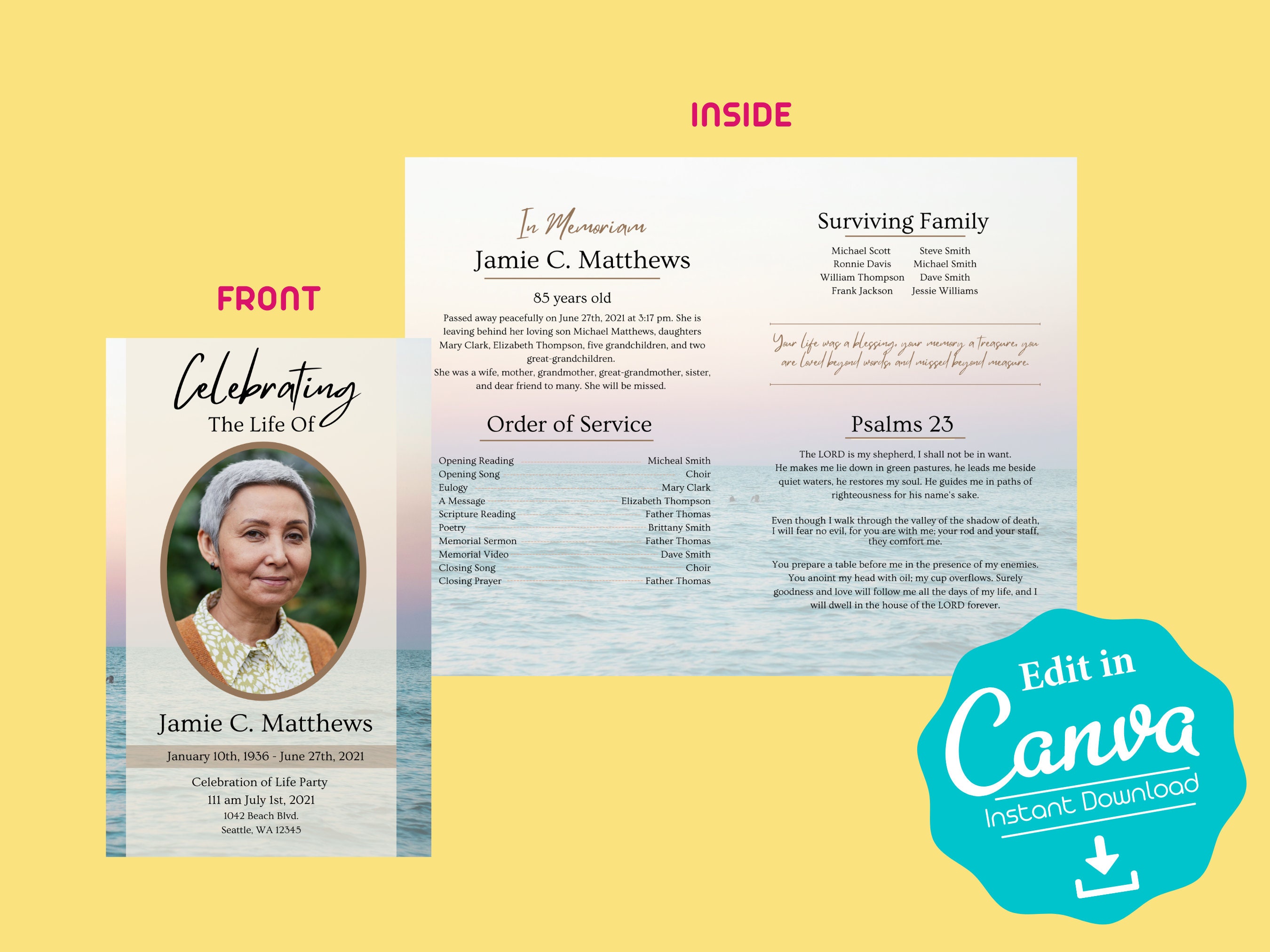 Sunrise Funeral Program Template, Obituary Template, Printable Canva ...