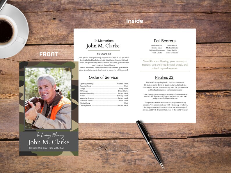 Memorial Camo Funeral Program | Hunter Funeral Template With Photo ...