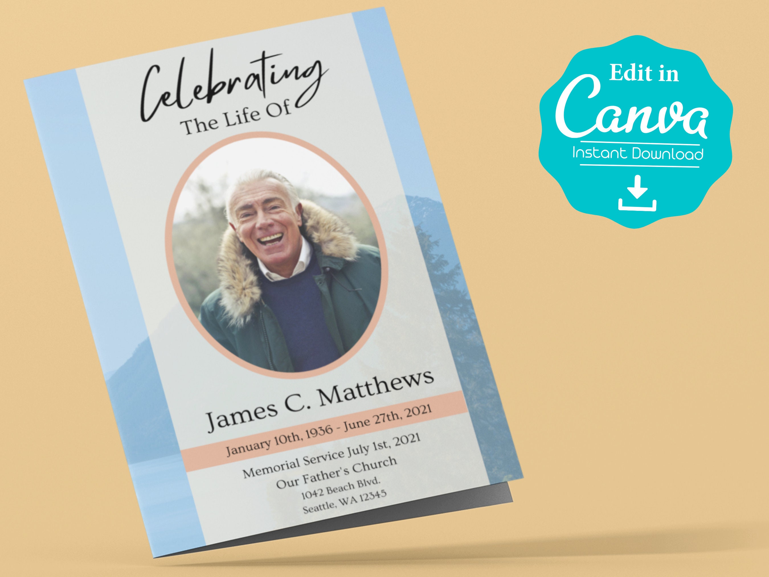 Men Funeral Program Template, Obituary Template, Celebration of Life ...