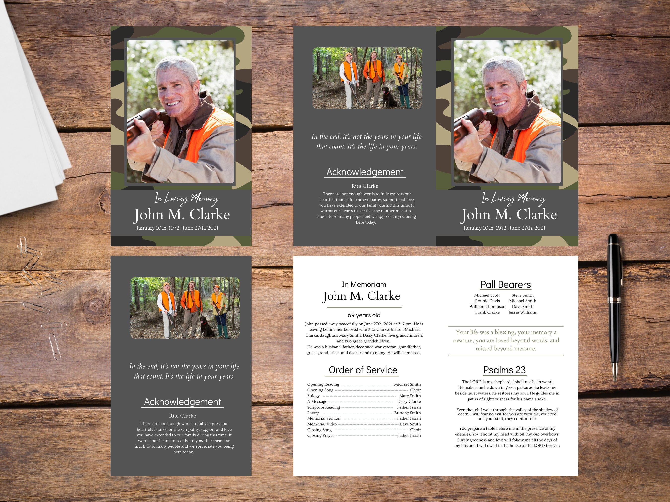 Memorial Camo Funeral Program | Hunter Funeral Template With Photo ...