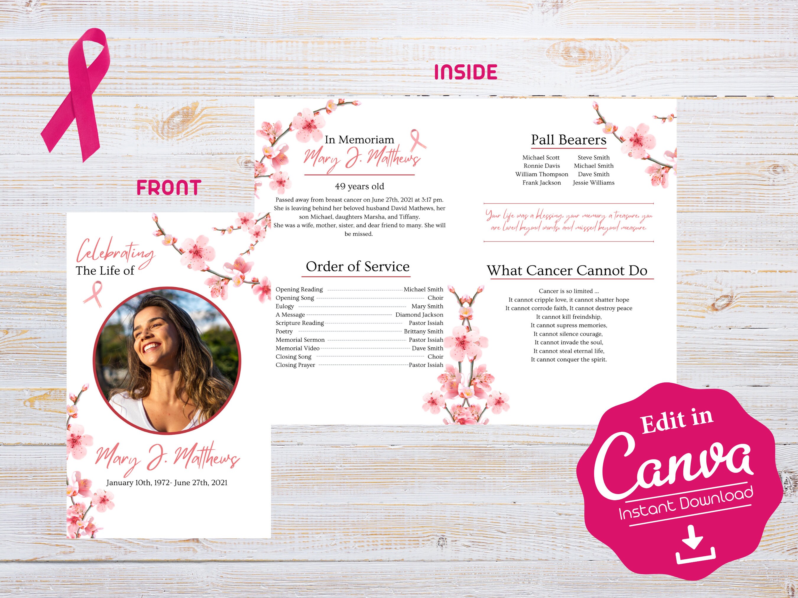 Breast Cancer Funeral Program Template | Pink| Obituary Template| Pink ...