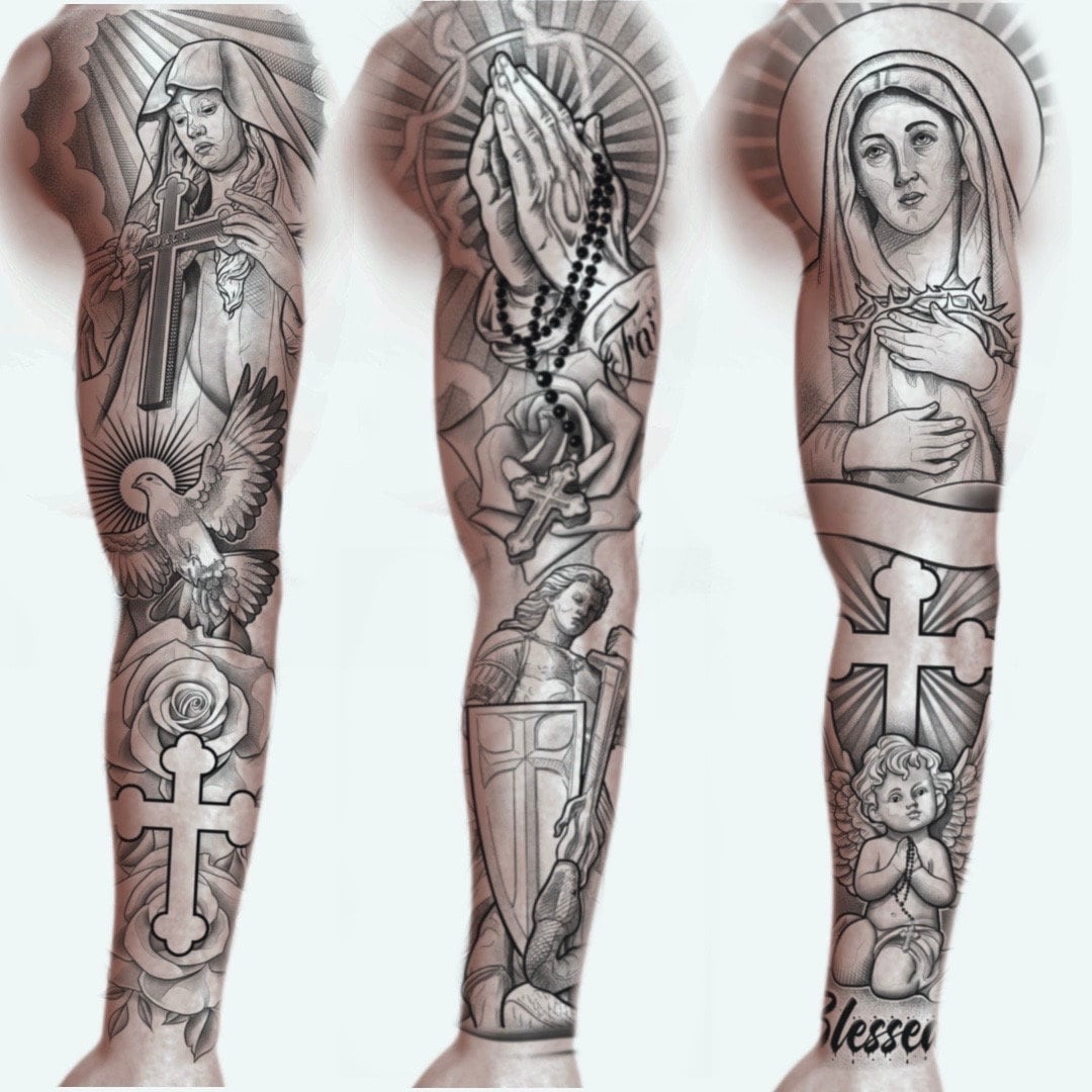 Religious Leg Sleeve Tattoos