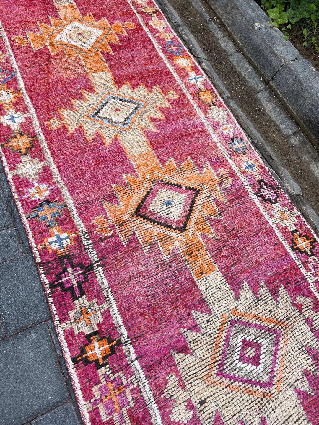 Vintage Runner, Pink Orange Runner, Turkish Runner, Handmade Rug, Wool ...