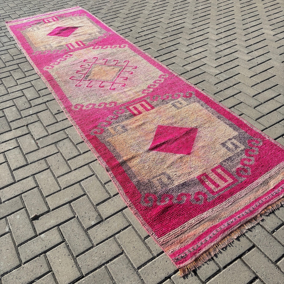 Vintage 3.4x12.2 Ft Rug, Herki Turkish Rug, Pink Polka Dot Rug Wool - Etsy