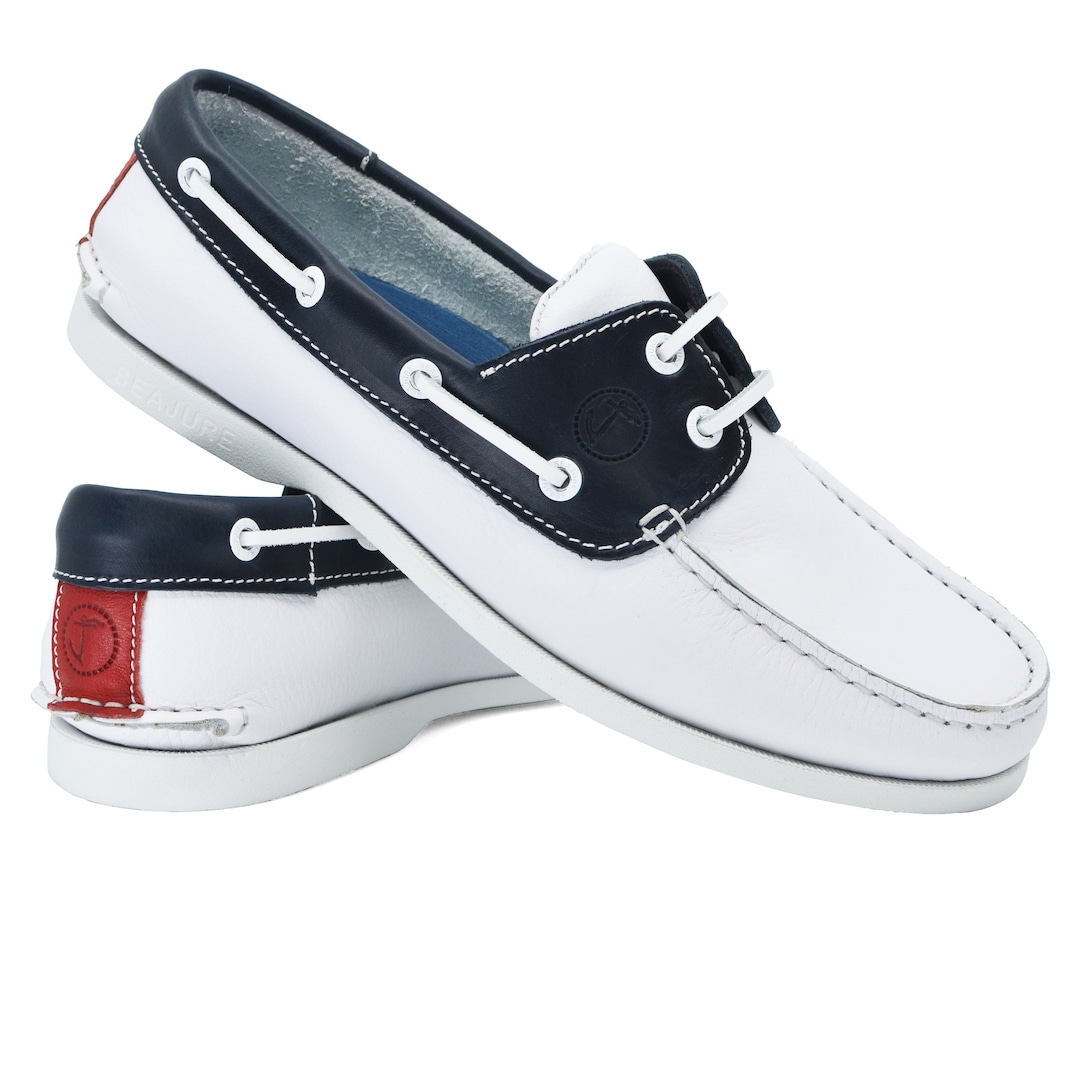 Men’s Boat Shoes Seajure Navagio White, Navy Blue and Red Leather - Etsy