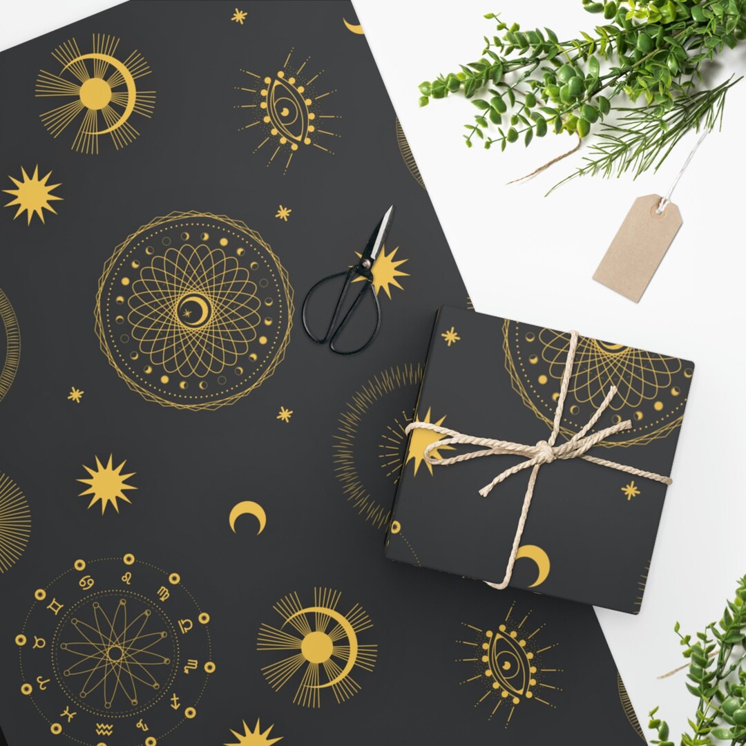 Zodiac Gift Wrap, Gold Moon Phase Celestial Wrapping Paper, Zen Design ...