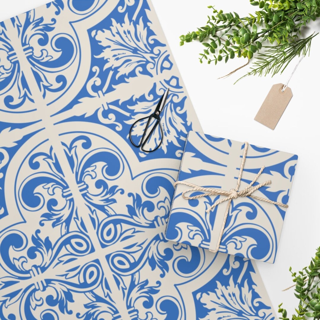 Gift Wrapping Paper, Vintage Blue Tile Design - Etsy