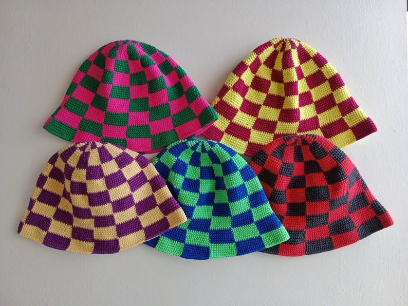 Crochet Unisex Checkered Bucket Hat - Etsy