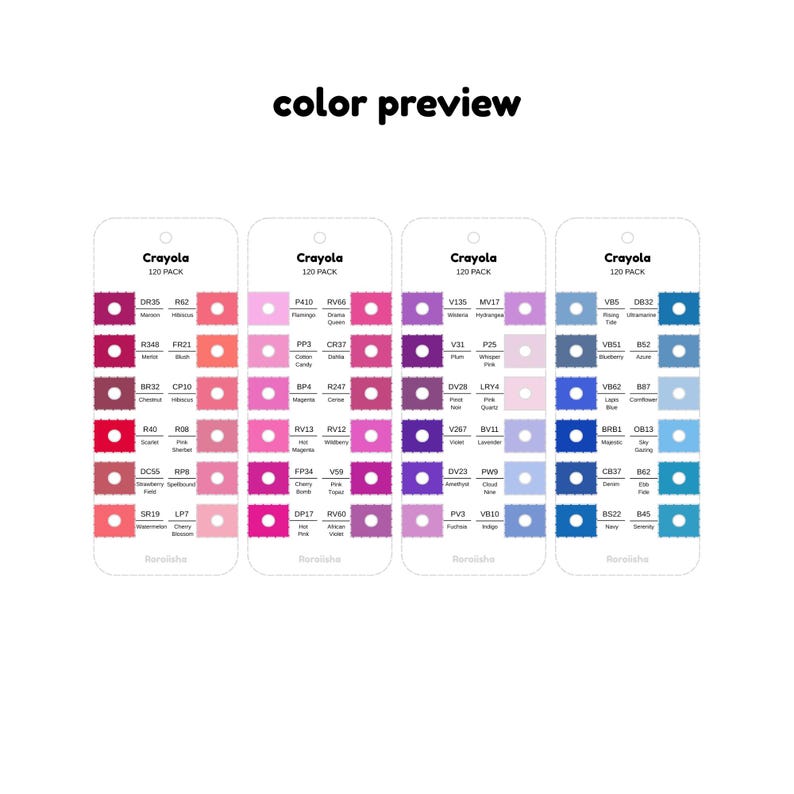 Crayola 120 Set Dual Tip Alcohol-based Marker Swatch Chart Template ...