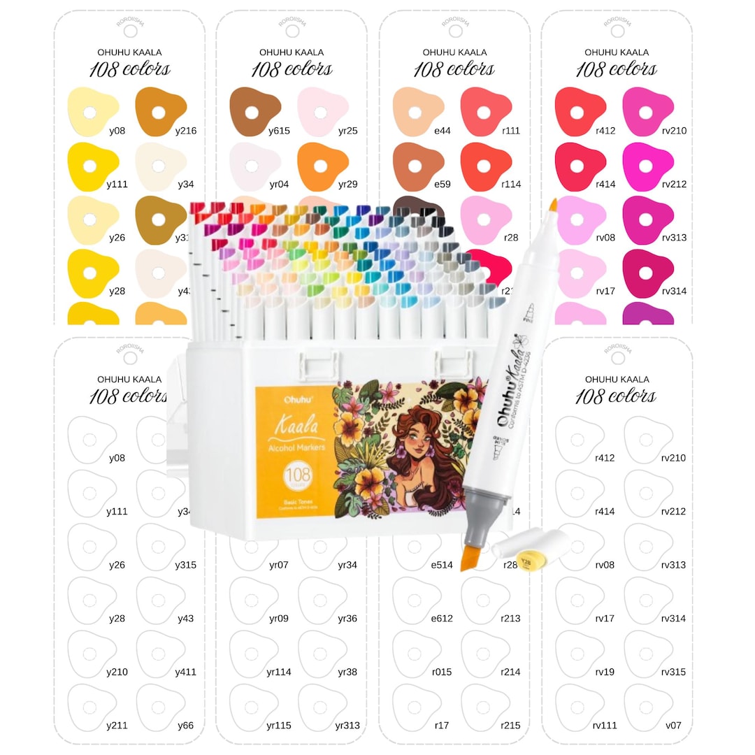 Ohuhu Kaala 108 Colors Swatch Template Printable Chart Page Alcohol ...