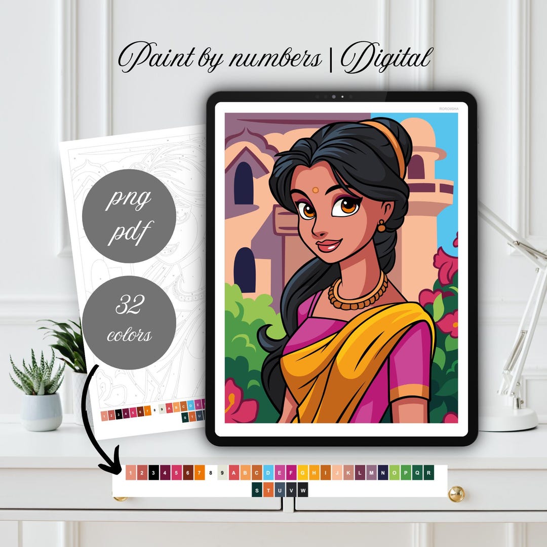 Color by Numbers Indian Princess Saree Coloring Page for Kids A4 ...